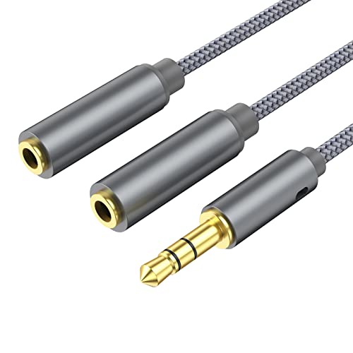 SCETREND Headphone Splitter Audio Jack Earphone Splitter Aux Cord Splitter 2 Way Nylon-Braided Stereo Aux Cable for Headphones Tablets Laptop PS4 Switch Tablets PC Speakers Silver