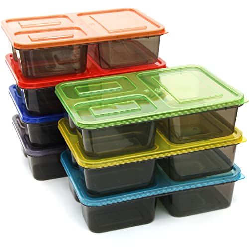 Youngever 7 Sets Large Bento Lunch Box 40 Ounce, Meal Prep Containers, Reusable Plastic Divided Food Storage Container Boxes (3 Compartment)