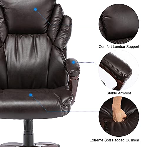 250lb High Back Office Chair-PU Leather Ergonomic Executive Boss Swivel Computer Chair Thick Padded Desk Chair for Home Office Work (Brown)