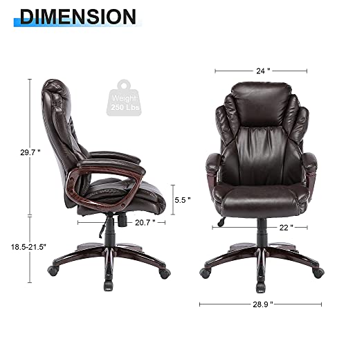 250lb High Back Office Chair-PU Leather Ergonomic Executive Boss Swivel Computer Chair Thick Padded Desk Chair for Home Office Work (Brown)