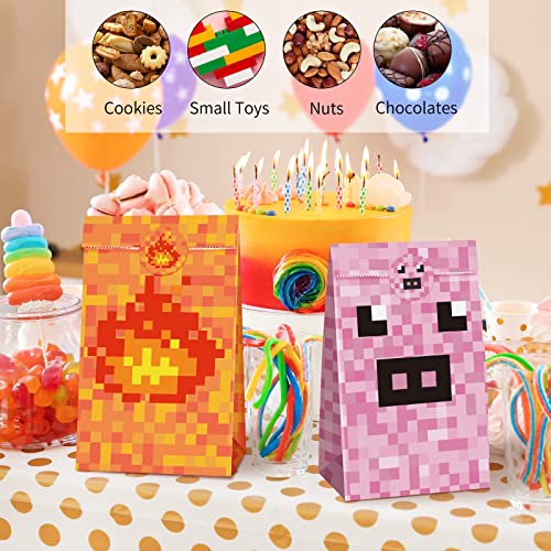 durony 28 Pieces Pixel Treat Bags Kraft Paper Bags Party Gift Bags Goodie Candy Bags with Stickers for Birthday Party Decorations, 9.4 x 5.1 x 3.1 Inches