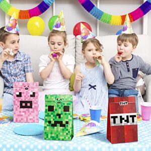 durony 28 Pieces Pixel Treat Bags Kraft Paper Bags Party Gift Bags Goodie Candy Bags with Stickers for Birthday Party Decorations, 9.4 x 5.1 x 3.1 Inches