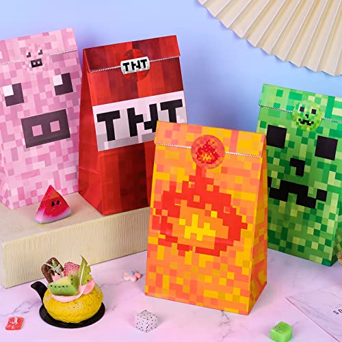 durony 28 Pieces Pixel Treat Bags Kraft Paper Bags Party Gift Bags Goodie Candy Bags with Stickers for Birthday Party Decorations, 9.4 x 5.1 x 3.1 Inches