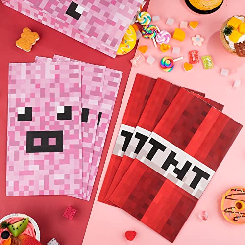 durony 28 Pieces Pixel Treat Bags Kraft Paper Bags Party Gift Bags Goodie Candy Bags with Stickers for Birthday Party Decorations, 9.4 x 5.1 x 3.1 Inches