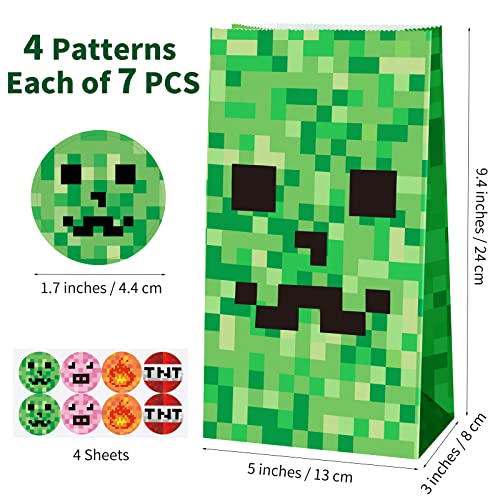 durony 28 Pieces Pixel Treat Bags Kraft Paper Bags Party Gift Bags Goodie Candy Bags with Stickers for Birthday Party Decorations, 9.4 x 5.1 x 3.1 Inches