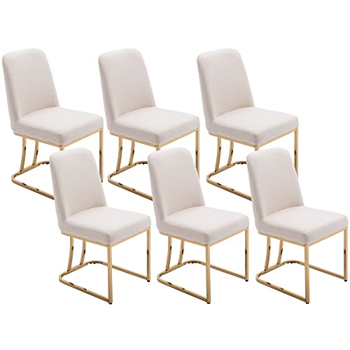 VESCASA Linen Upholstered Dining Chairs with Back, Mid Century Modern Dining Chairs with Gold Metal Frame for Dining Room, Restaurant, Kitchen, Set of 6, Cream