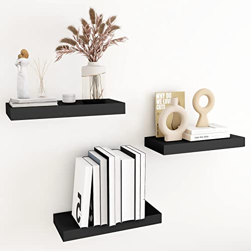 JENGRYOE Floating Shelf,Wall Shelf,Decor Wall Mounted Shelves,Hanging Shelf,for Bathroom Bedroom Kitchen Wall Decor,Black Shelves with Invisible Brackets Set of 3