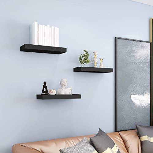 JENGRYOE Floating Shelf,Wall Shelf,Decor Wall Mounted Shelves,Hanging Shelf,for Bathroom Bedroom Kitchen Wall Decor,Black Shelves with Invisible Brackets Set of 3