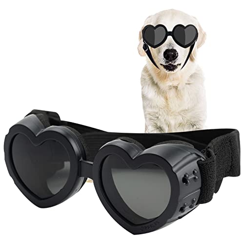 FUNUPUP Dog Sunglasses Small Breed Dog Goggles UV Protection Glasses with Adjustable Strap Heart Shape Anti-Fog Eyewear Windproof Glasses for Pet Dogs Puppy (Black)