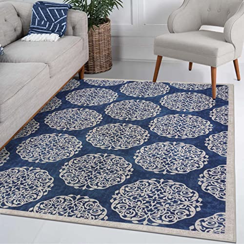 Vernal Machine Washable Area Rug Non Slip Back for Living Room, Bedroom, Dining Room Pet Friendly High Traffic Non-Shedding Rugs Jurupa Collection Carpets 4 X 6 Feet Blue/Cream