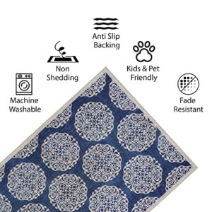 Vernal Machine Washable Area Rug Non Slip Back for Living Room, Bedroom, Dining Room Pet Friendly High Traffic Non-Shedding Rugs Jurupa Collection Carpets 4 X 6 Feet Blue/Cream