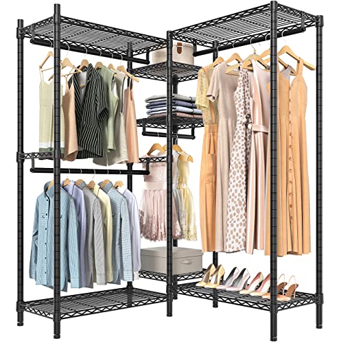 VIPEK L6 Garment Rack L Shaped Clothes Rack Heavy Duty Clothing Rack Metal Freestanding Closet with 7 Adjustable Shelves & 4 Hanging Rods 43.3"L x 43.3"W x 76.8"H, Max Load 700LBS, Medium Size, Black