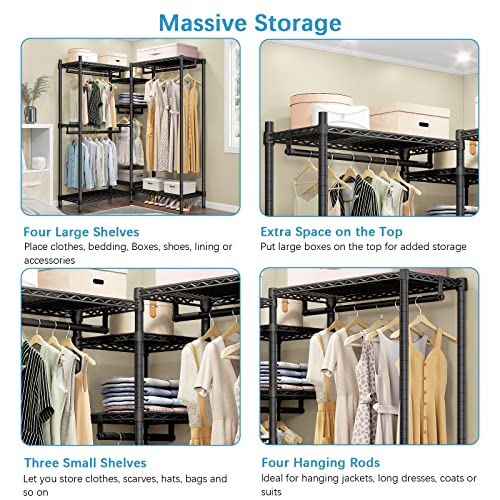 VIPEK L6 Garment Rack L Shaped Clothes Rack Heavy Duty Clothing Rack Metal Freestanding Closet with 7 Adjustable Shelves & 4 Hanging Rods 43.3"L x 43.3"W x 76.8"H, Max Load 700LBS, Medium Size, Black