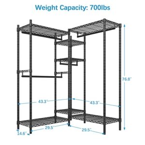 VIPEK L6 Garment Rack L Shaped Clothes Rack Heavy Duty Clothing Rack Metal Freestanding Closet with 7 Adjustable Shelves & 4 Hanging Rods 43.3"L x 43.3"W x 76.8"H, Max Load 700LBS, Medium Size, Black