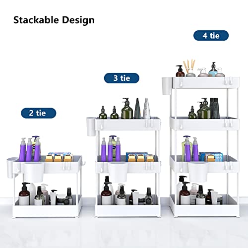 2 Pack Under Sink Organizers and Storage, 2-Tier Under Bathroom Kitchen Sink Organizer with 12 Hooks 4 Hanging Cups,Stable and Sturdy Under Cabinet Organizers for Bathroom Kitchen (White)