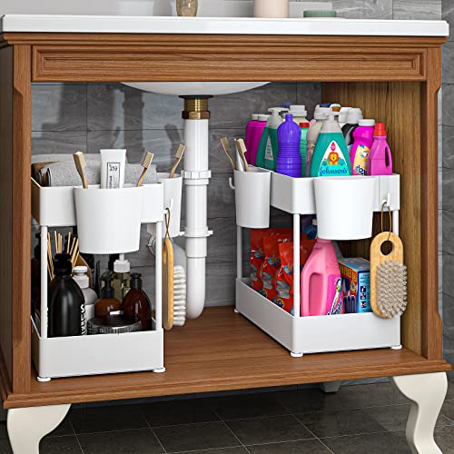 2 Pack Under Sink Organizers and Storage, 2-Tier Under Bathroom Kitchen Sink Organizer with 12 Hooks 4 Hanging Cups,Stable and Sturdy Under Cabinet Organizers for Bathroom Kitchen (White)