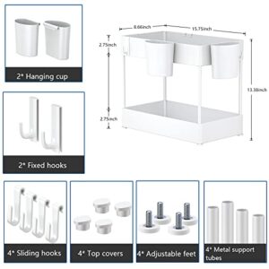 2 Pack Under Sink Organizers and Storage, 2-Tier Under Bathroom Kitchen Sink Organizer with 12 Hooks 4 Hanging Cups,Stable and Sturdy Under Cabinet Organizers for Bathroom Kitchen (White)