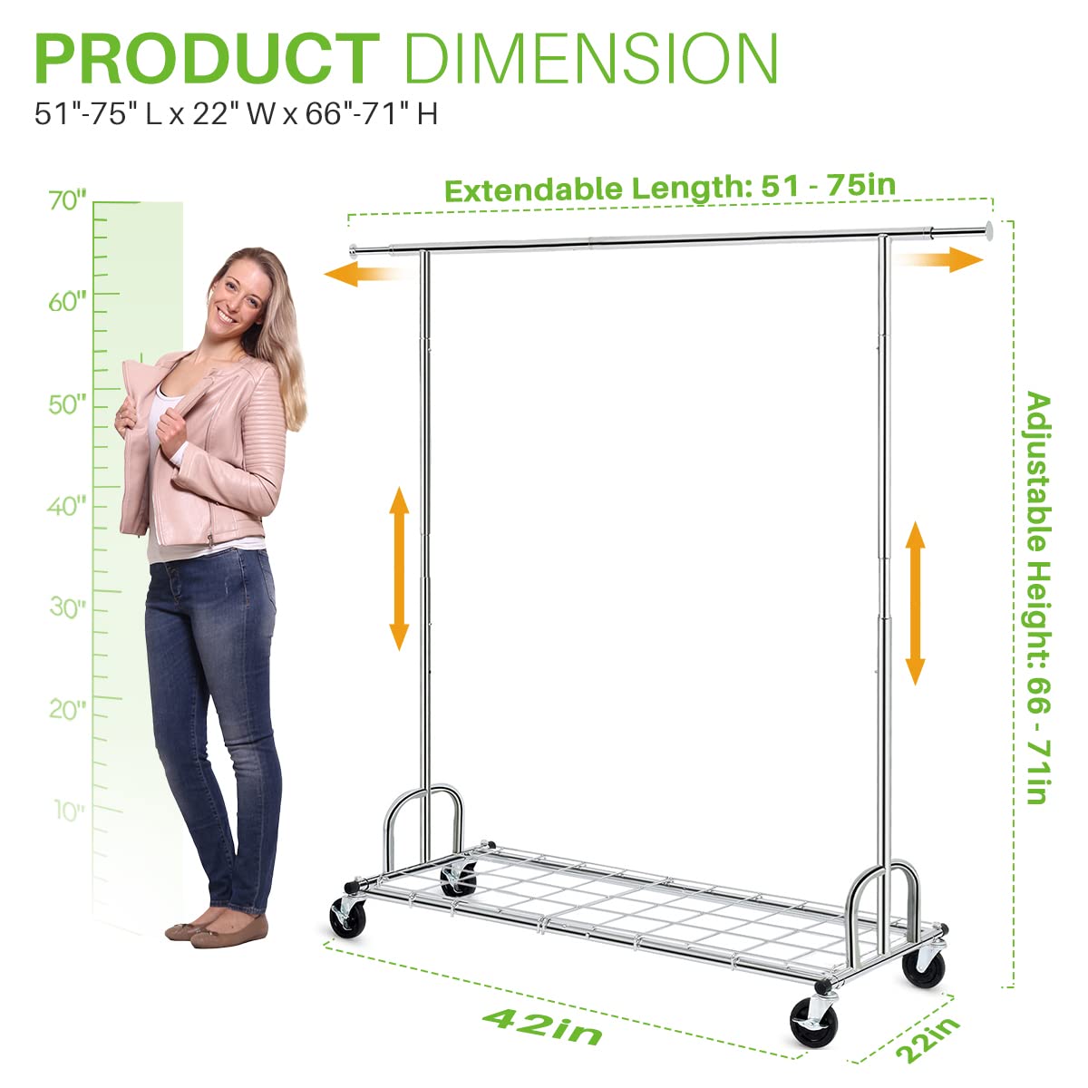 HOKEEPER Clothing Garment Rack with Shelves Capacity 450 lbs Clothing Racks on Wheels Rolling Clothes Rack for Hanging Clothes Heavy Duty Portable Collapsible Commercial Garment Rack Chrome