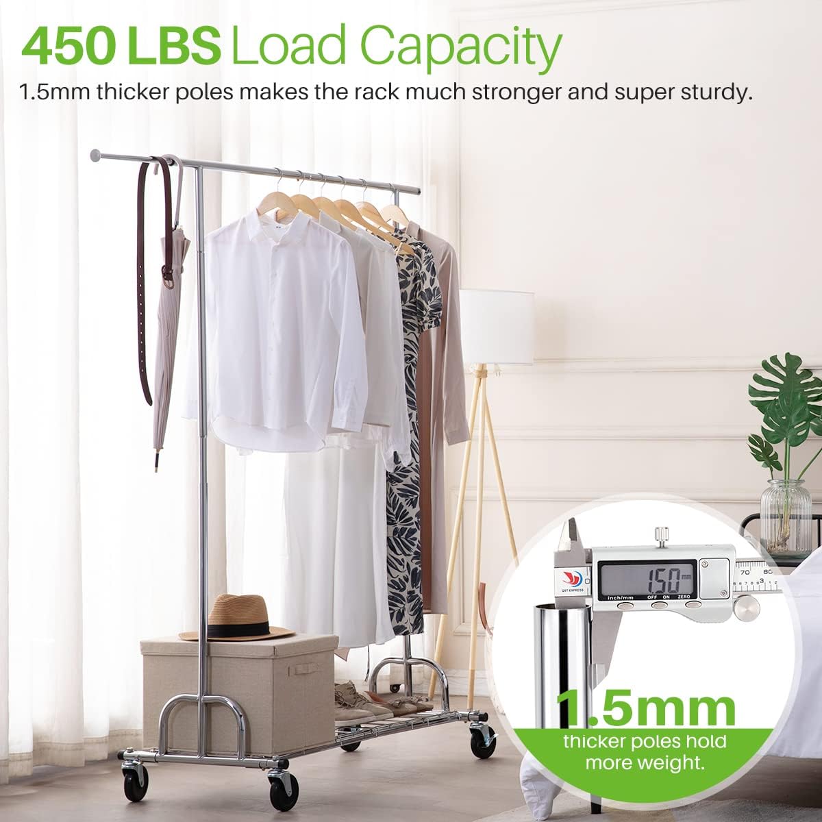 HOKEEPER Clothing Garment Rack with Shelves Capacity 450 lbs Clothing Racks on Wheels Rolling Clothes Rack for Hanging Clothes Heavy Duty Portable Collapsible Commercial Garment Rack Chrome