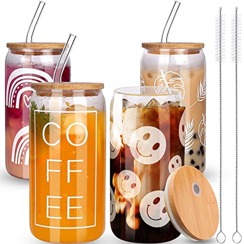 KAUND 4 PCS Ice Coffee Cup with Bamboo Lids and Glass Straw,16oz Sublimation Boho Printed Beer Can Glasses,Ideal for Cocktails,Whiskey,Beer,Soda and Gifts (C01-Boho)