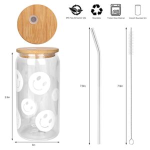 KAUND 4 PCS Ice Coffee Cup with Bamboo Lids and Glass Straw,16oz Sublimation Boho Printed Beer Can Glasses,Ideal for Cocktails,Whiskey,Beer,Soda and Gifts (C01-Boho)