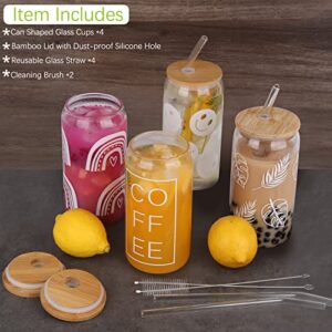 KAUND 4 PCS Ice Coffee Cup with Bamboo Lids and Glass Straw,16oz Sublimation Boho Printed Beer Can Glasses,Ideal for Cocktails,Whiskey,Beer,Soda and Gifts (C01-Boho)