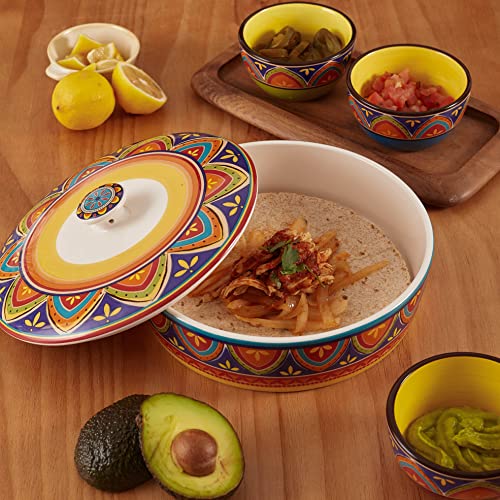 Bico Tunisian Ceramic 8.8 inch Tortilla Warmer, Tortilla Server with Lid, Taco Holder for Mexican Fiesta Party, Taco Tuesday, Cinco De Mayo, Microwave and Dishwasher Safe