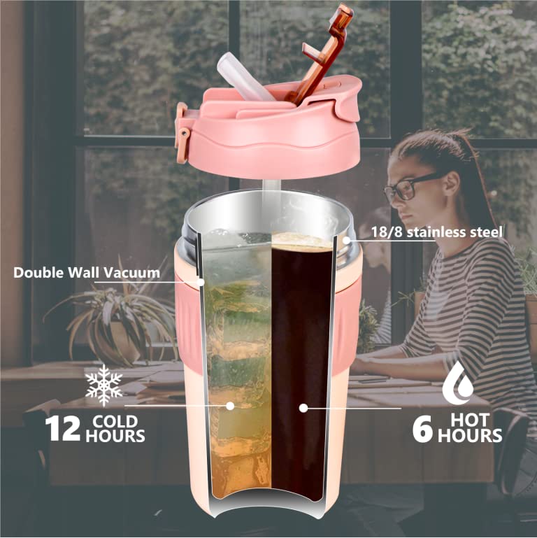 Coffee Travel Mug, Double Walled Insulated Vacuum Coffee Tumbler With Leakproof Flip Insulated Coffee Mug, For Hot And Cold Water Coffee And Tea In Travel Car Office School Camping (Pink, 17)