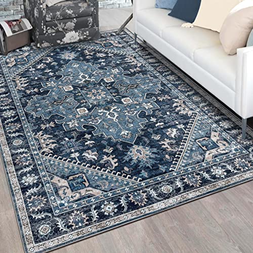 Vernal Machine Washable Non Slip Area Rug for Living Room, Bedroom, Dining Room Pet Friendly High Traffic Non-Shedding Rugs Milagros Persian Collection Carpets 5 X 7 Feet Dark Blue/Beige