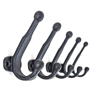 ambipolar 5-pack small vintage cast iron wall mounted coat hooks, rustic decorative black hooks for hanging things, coat hooks, purse rack, hat hooks