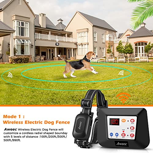 Aweec Wireless Dog Fence System, 2023 Electric Fence for Dog & Training Collar with Remote, Wireless Dog Collar Boundary Containment System, Adjustable Range Sizes, Suitable for All Dogs (for 2 Dogs)