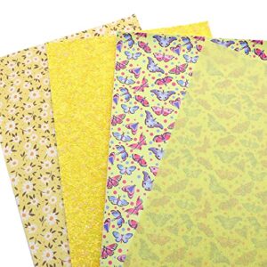 David accessories 4 Pcs 7.7" x 12.9" (20 cm x 33 cm) Yellow Butterfly Printed Faux Leather Fabric Sheets Include 2 Kinds of Leather Fabric for DIY Bows Earrings Making Crafts (Yellow Butterfly)