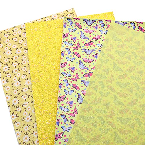 David accessories 4 Pcs 7.7" x 12.9" (20 cm x 33 cm) Yellow Butterfly Printed Faux Leather Fabric Sheets Include 2 Kinds of Leather Fabric for DIY Bows Earrings Making Crafts (Yellow Butterfly)