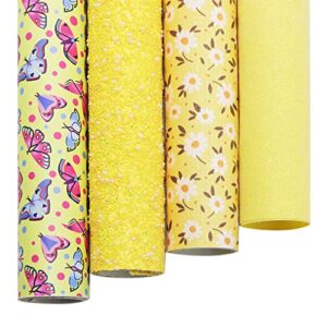 David accessories 4 Pcs 7.7" x 12.9" (20 cm x 33 cm) Yellow Butterfly Printed Faux Leather Fabric Sheets Include 2 Kinds of Leather Fabric for DIY Bows Earrings Making Crafts (Yellow Butterfly)