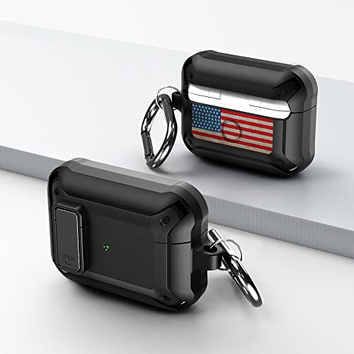 Duo Shield Case Compatible with Airpods Pro with Secure Lock and Keychian Hook Slim Two Piece Snap On Case with Lock Black American Flag