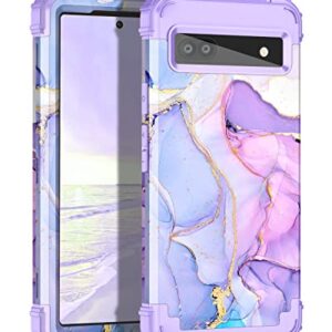 Hekodonk for Google Pixel 6A Case (2022), Heavy Duty Shockproof Protection Hard Plastic+Silicone Rubber Hybrid 3 in 1 Drop Protective Case for Google Pixel 6A Purple Marble