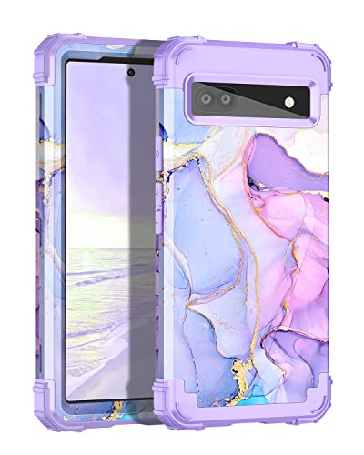 Hekodonk for Google Pixel 6A Case (2022), Heavy Duty Shockproof Protection Hard Plastic+Silicone Rubber Hybrid 3 in 1 Drop Protective Case for Google Pixel 6A Purple Marble