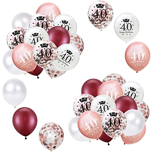 40th Birthday Balloons Rose Gold for Women, Pack of 30 Rose Gold Rose red 40th Birthday Latex Confetti Balloon Ribbons for Women Happy 40th Birthday Party Decorations 12inch( Rose gold)