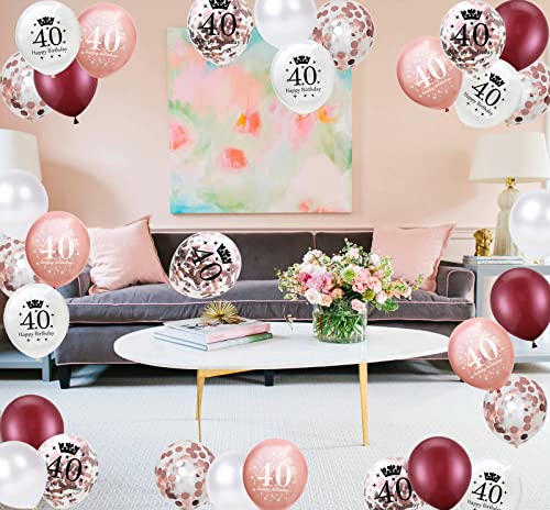 40th Birthday Balloons Rose Gold for Women, Pack of 30 Rose Gold Rose red 40th Birthday Latex Confetti Balloon Ribbons for Women Happy 40th Birthday Party Decorations 12inch( Rose gold)