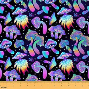 mushroom upholstery fabric,kawaii trippy botanical fabric by the yard psychedelic plant indoor outdoor fabric for kids girls teens women cartoon cute mushroom fabric, diy,black 1 yard