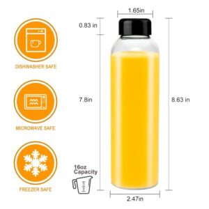 Datttcc 16 Oz Glass Water Bottles,Reusable Glass Juicing Bottle with Black Plastic Lids,Bulk Water Bottles for Water,Juicing,Beverages,Kombucha,Tea,Drink(Total of 12)