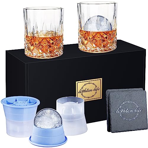 LIGHTEN LIFE Whiskey Glass Set (2 Crystal Bourbon Glass,2 Ice Molds,2 Coasters) in Gift Box,Non-Lead Old Fashioned Glass for Bourbon Scotch,Whiskey Rock Glasses with Ice Molds for Men