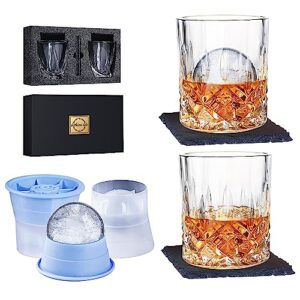 LIGHTEN LIFE Whiskey Glass Set (2 Crystal Bourbon Glass,2 Ice Molds,2 Coasters) in Gift Box,Non-Lead Old Fashioned Glass for Bourbon Scotch,Whiskey Rock Glasses with Ice Molds for Men