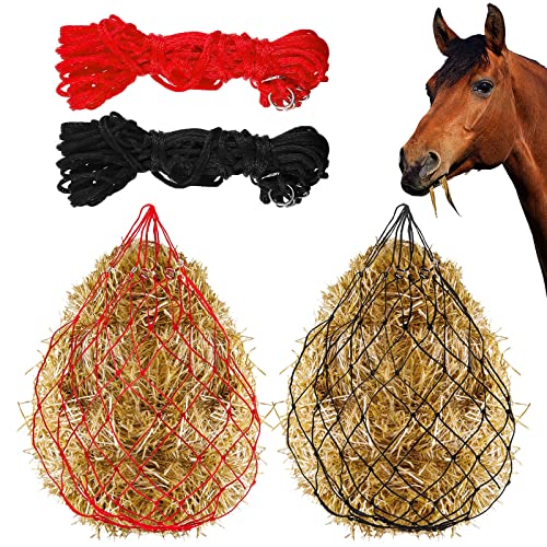 Keadic 2pcs 36" Slow Hay Feeder Black and Red Horse Hay Bet with Mesh Hole Equestrian Feeding Supplies Hay Bale Storage Bag for Horse Cattle Goats Sheep Full Day Feeding