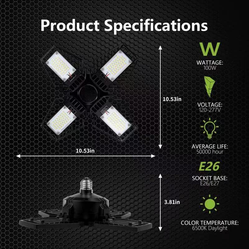 Pinegreen Lighting Led Garage Light 2 Pack, 100w 12000lm Garage Ceiling Lights, 6500k E26/E27 Led Shop Light with 4 Adjustable Panels for Garage Workshop Warehouse Basement High Bay Light