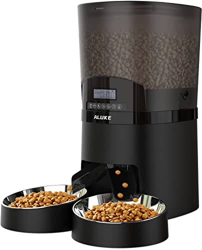 Automatic Cat Feeder for 2 Cats, ALUKE 6.5L Pet Feeder for Cats & Dogs Dry Food Dispenser with Desiccant Bag, Stainless Steel Bowls & Lock Lid, Dual Power Supply 10s Meal Call 6 Meals Per Day