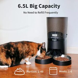 Automatic Cat Feeder for 2 Cats, ALUKE 6.5L Pet Feeder for Cats & Dogs Dry Food Dispenser with Desiccant Bag, Stainless Steel Bowls & Lock Lid, Dual Power Supply 10s Meal Call 6 Meals Per Day