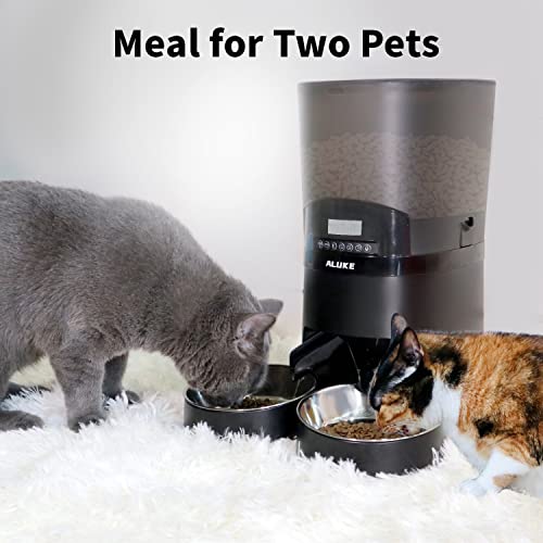 Automatic Cat Feeder for 2 Cats, ALUKE 6.5L Pet Feeder for Cats & Dogs Dry Food Dispenser with Desiccant Bag, Stainless Steel Bowls & Lock Lid, Dual Power Supply 10s Meal Call 6 Meals Per Day