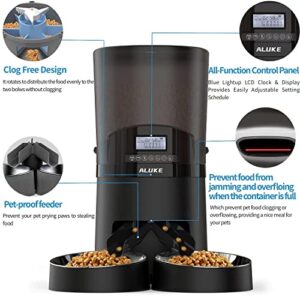 Automatic Cat Feeder for 2 Cats, ALUKE 6.5L Pet Feeder for Cats & Dogs Dry Food Dispenser with Desiccant Bag, Stainless Steel Bowls & Lock Lid, Dual Power Supply 10s Meal Call 6 Meals Per Day