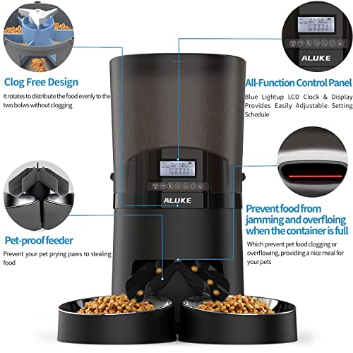 Automatic Cat Feeder for 2 Cats, ALUKE 6.5L Pet Feeder for Cats & Dogs Dry Food Dispenser with Desiccant Bag, Stainless Steel Bowls & Lock Lid, Dual Power Supply 10s Meal Call 6 Meals Per Day